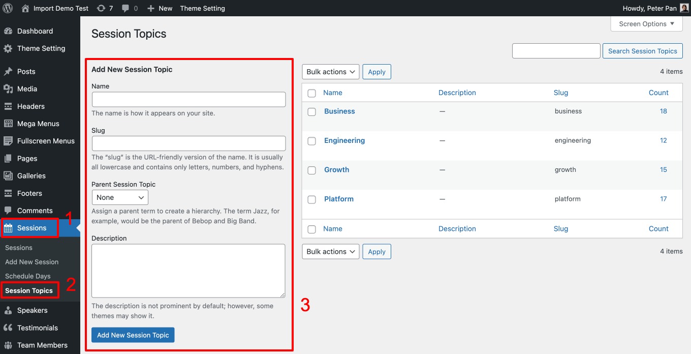 Create Sessions, Session Topics and Schedule Days – ThemeGoods ...